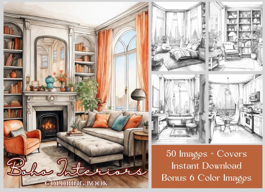 50 Boho Interior Coloring Pages, Adult Coloring Book, Apartment ...