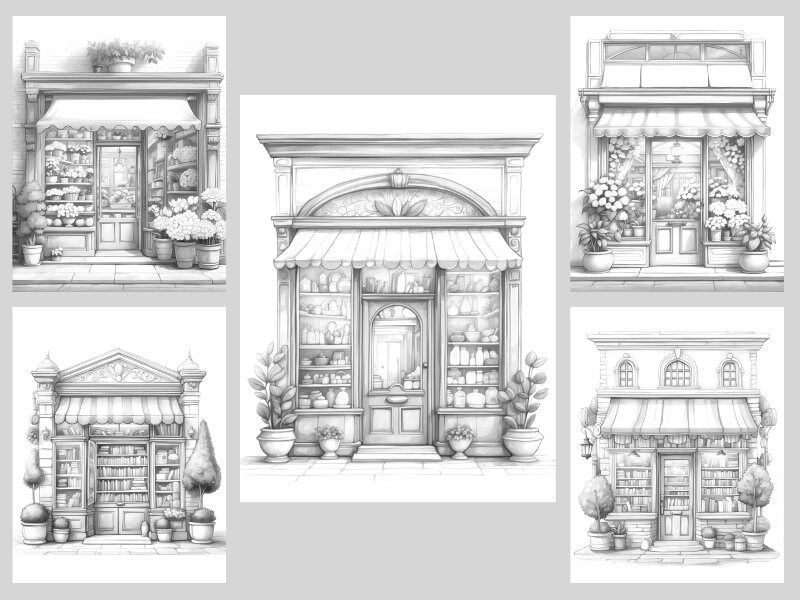 40 Storefront Coloring Pages - Bookstore, Flower Shop, Candy Shop, Cafe ...