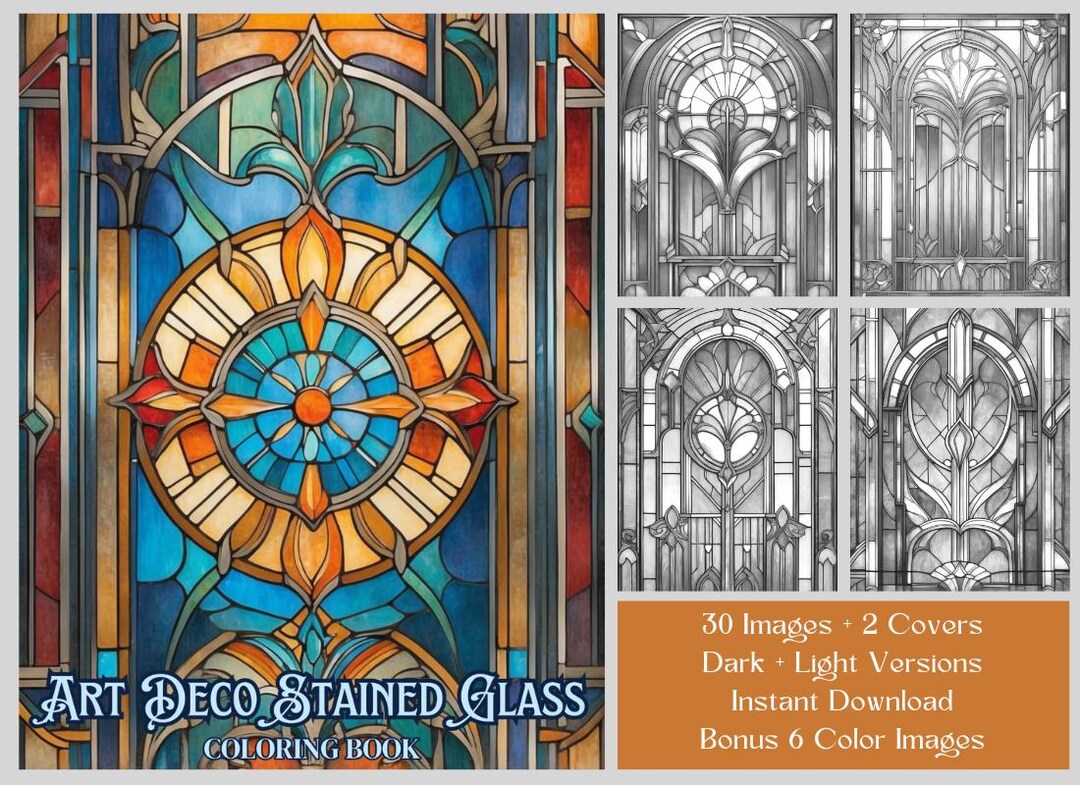 30 Stained Glass Coloring Pages, Art Deco Stained Glass Coloring Book ...
