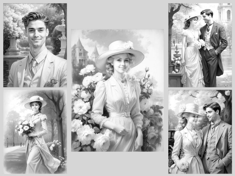 40 Vintage Fashion Coloring Pages Grayscale Printable PDF Adult ...