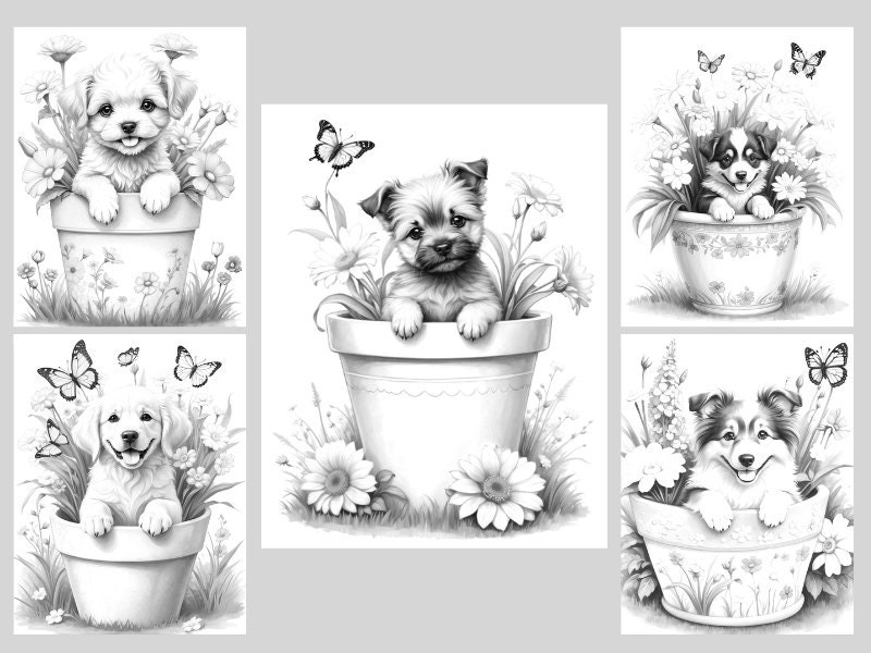40 Dog Coloring Pages Flowerpot Puppies Coloring Book Printable PDF ...
