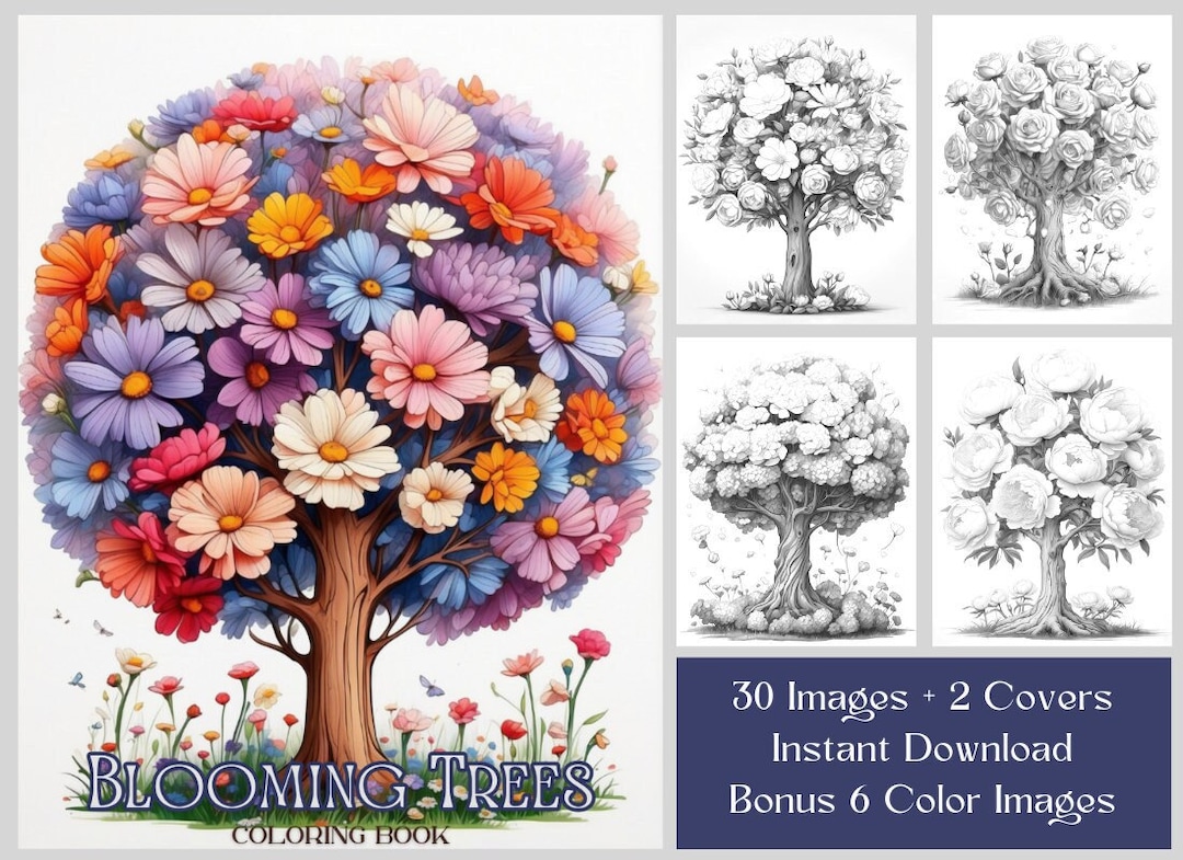 30 Floral Trees Coloring Book - Printable Fantasy Blooming Tree ...