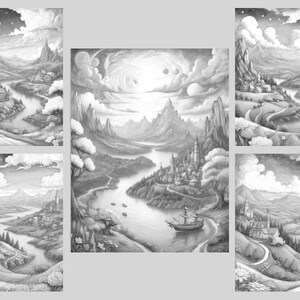 Fantasy Landscape Coloring Pages: 35 Grayscale Designs (printable PDF ...