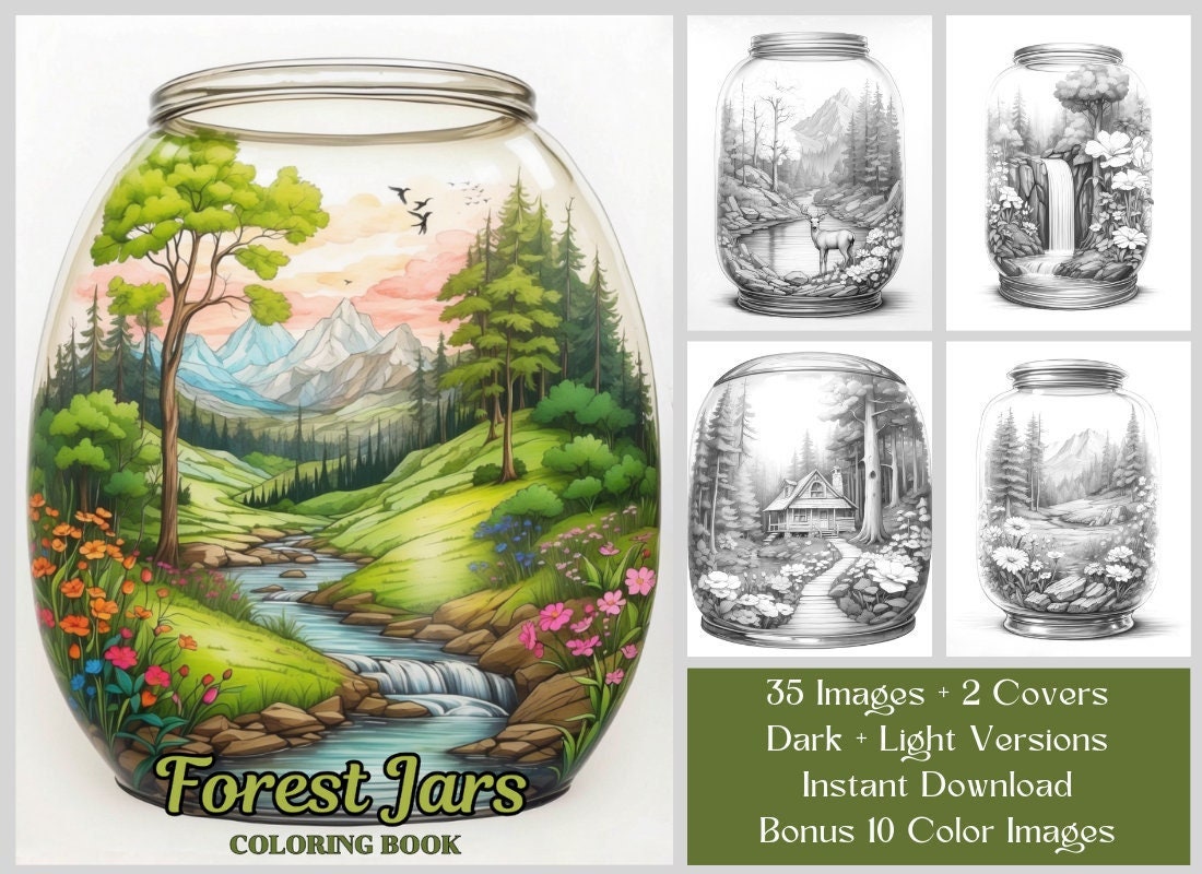 35 Forest Coloring Pages Forest Scenes in Jars Printable Fantasy ...