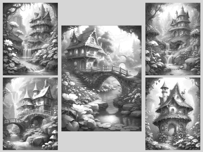 Fairy Cottage Coloring Book: 30 Grayscale Fantasy Houses, Printable PDF ...