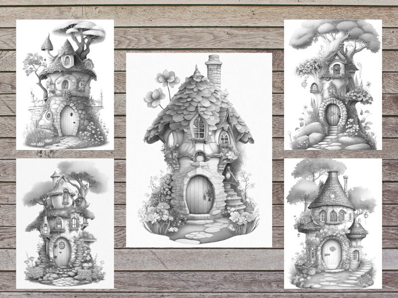 50 Fairy Houses Coloring Pages, Magical Fairy Houses, Grayscale Fairy ...