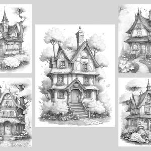 40 Cottage Coloring Pages, Cozy Cute Cottages Grayscale Coloring Book ...