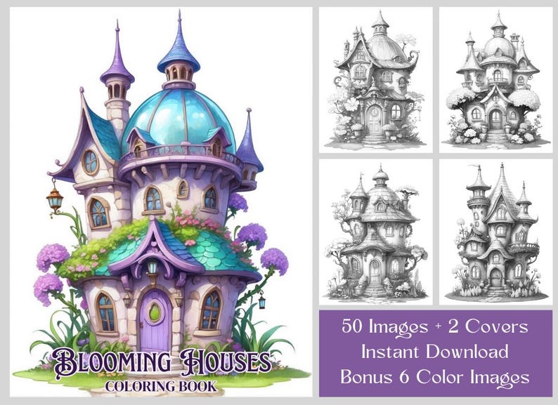 Fairy House Coloring Book: Blooming Houses, Grayscale (printable PDF ...