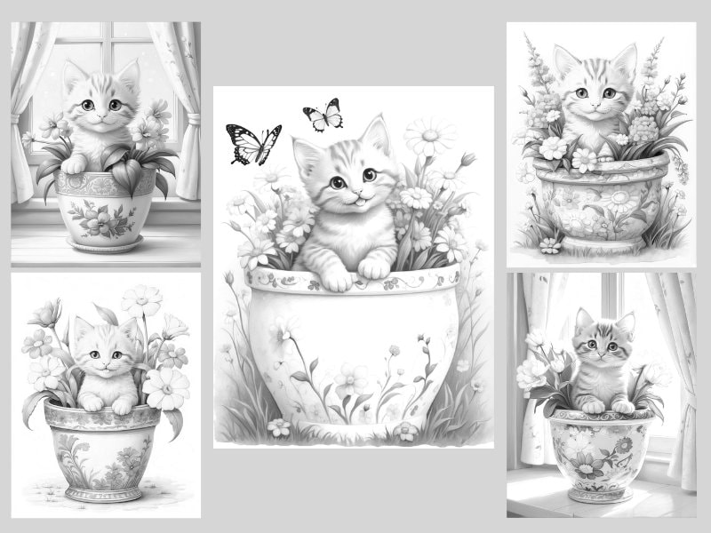 40 Cat Coloring Pages, Flowerpot Kittens Grayscale Coloring Book ...