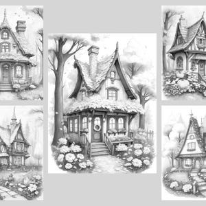 40 Cottage Coloring Pages, Cozy Cute Cottages Grayscale Coloring Book ...