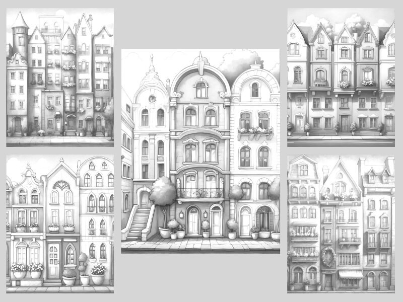 40 Cute Townhouse House Coloring Book Printable PDF Fantasy City House ...