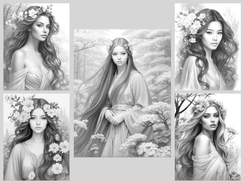 50 Floral Maidens Coloring Book, Pretty Women Coloring Book, Fantasy ...
