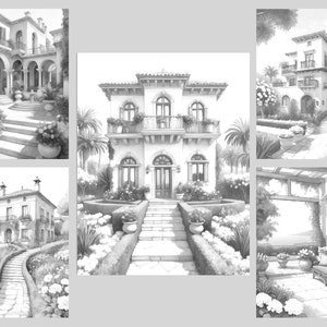 40 House Coloring Pages, Spanish Seaside Villas, Printable Fantasy ...