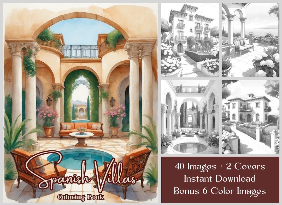40 House Coloring Pages, Spanish Seaside Villas, Printable Fantasy ...