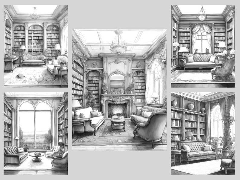 30 Library Coloring Pages, Lavish Libraries Coloring Book, Adult ...