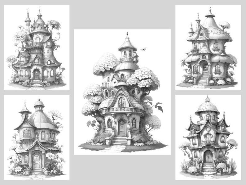 Fairy House Coloring Book: Blooming Houses, Grayscale (printable PDF ...