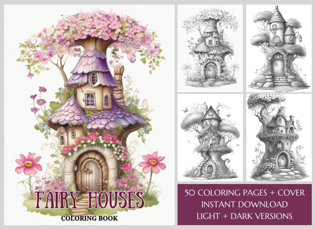 50 Fairy Houses Coloring Pages, Magical Fairy Houses, Grayscale Fairy ...