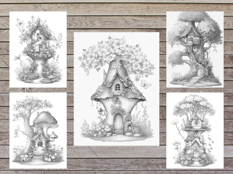 50 Fairy Houses Coloring Pages, Magical Fairy Houses, Grayscale Fairy ...