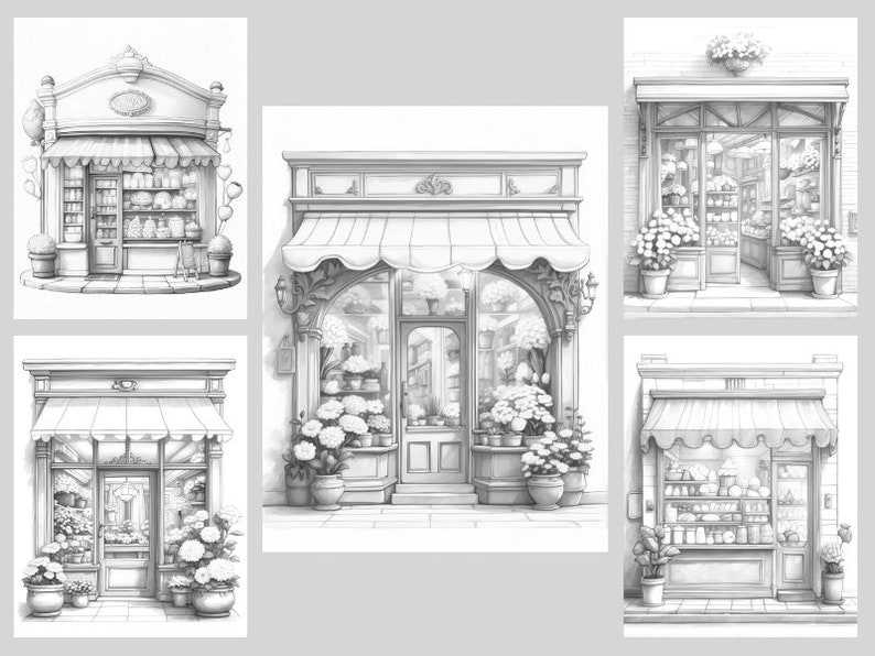 40 Storefront Coloring Pages - Bookstore, Flower Shop, Candy Shop, Cafe ...