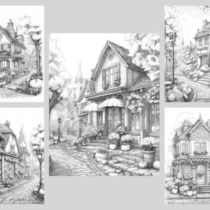 50 Autumn Villages Coloring Pages, Cozy Village Grayscale Coloring Book ...