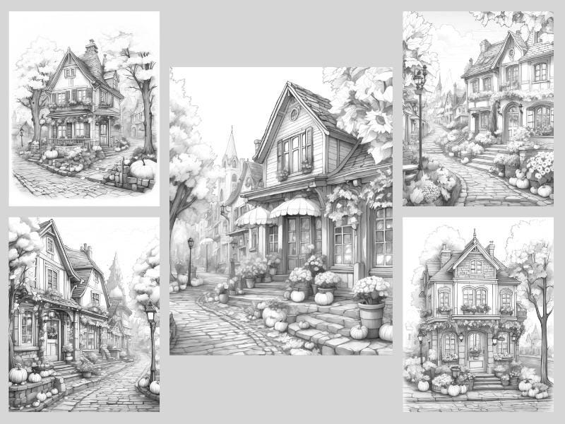 50 Autumn Villages Coloring Pages, Cozy Village Grayscale Coloring Book ...