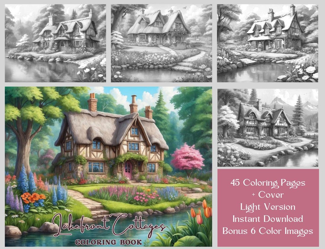 Lakefront Cottages Coloring Book: 45 Grayscale Fantasy House Pages ...