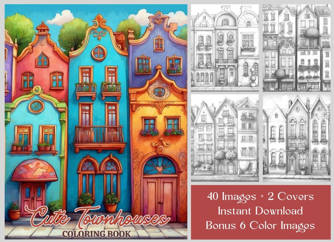 40 Cute Townhouse House Coloring Book, Printable PDF Fantasy City House ...