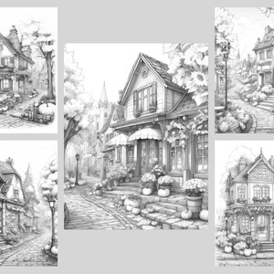 50 Autumn Villages Coloring Pages, Cozy Village Grayscale Coloring Book ...