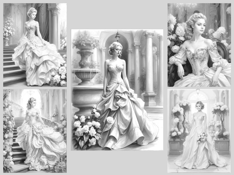 50 Pretty Ladies Coloring Pages - Women in Elegant Gowns Coloring Book ...