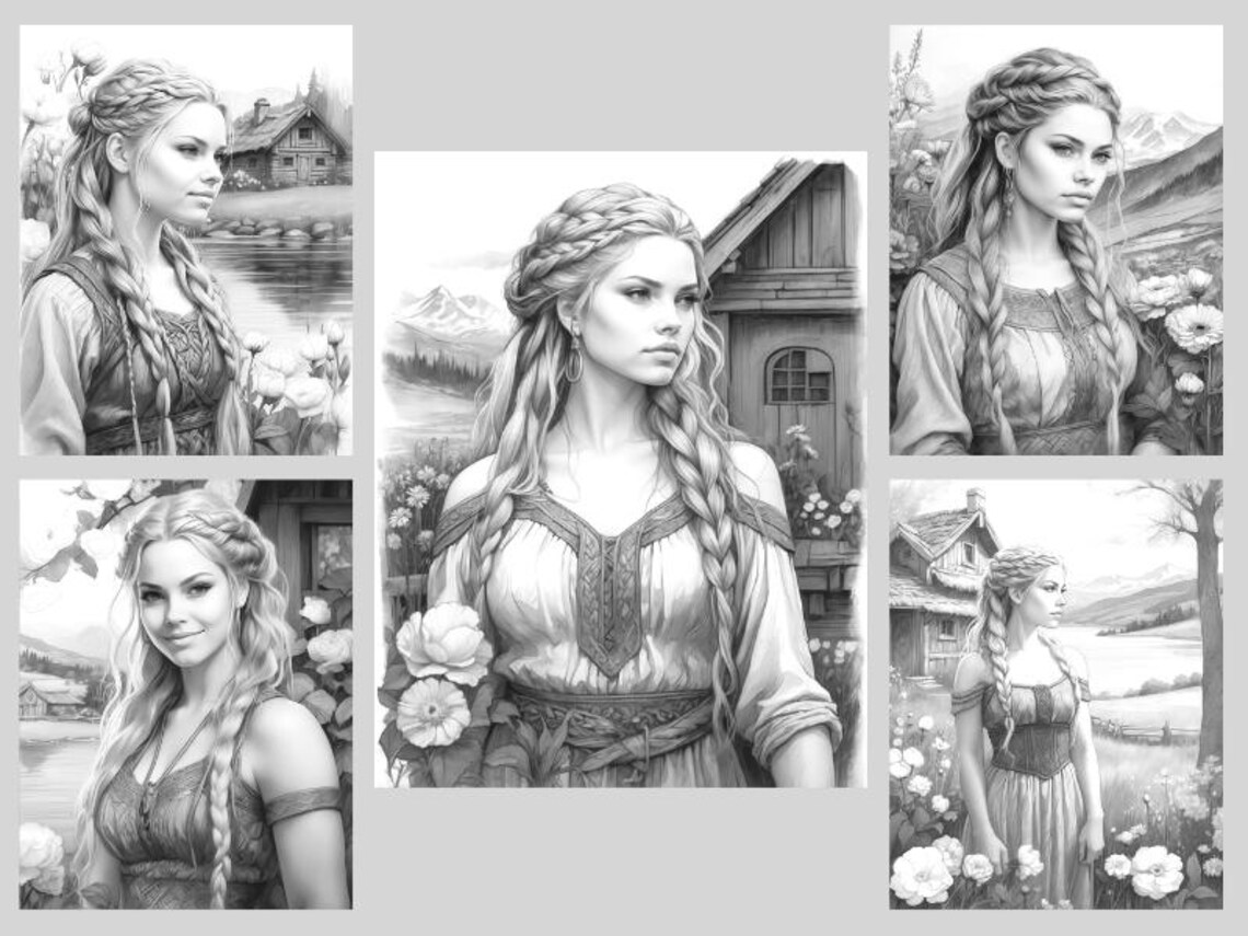 50 Viking Women Grayscale Coloring Book, Printable Adult Coloring Pages ...