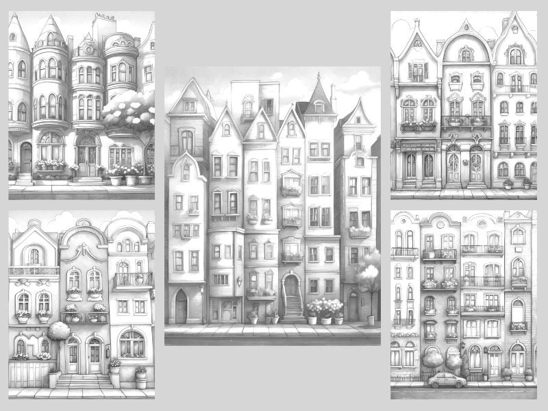 40 Cute Townhouse House Coloring Book Printable PDF Fantasy City House ...