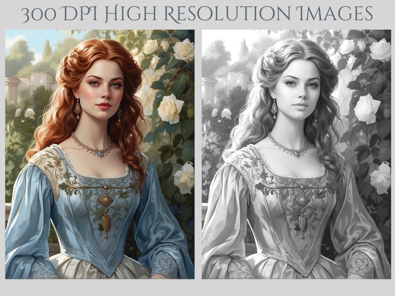 40 Women Coloring Pages Beautiful Medieval Royal Princesses in Gowns ...