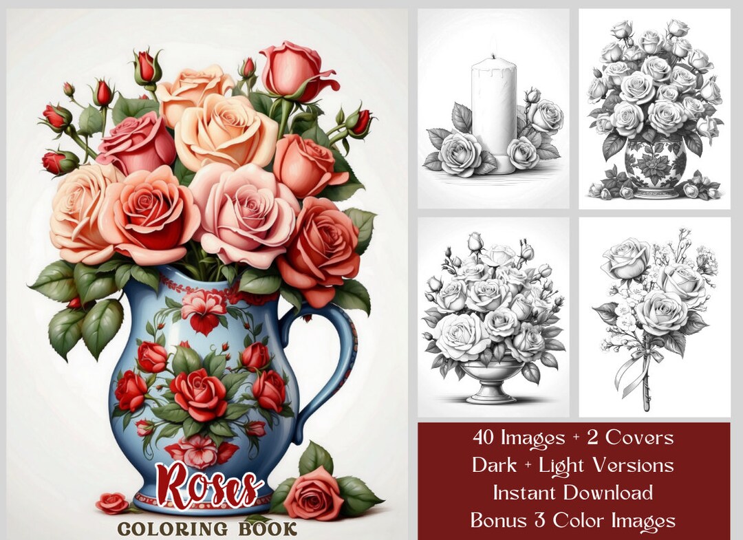 40 Vintage Roses Coloring Book for Adults and Kids - Grayscale Boho ...