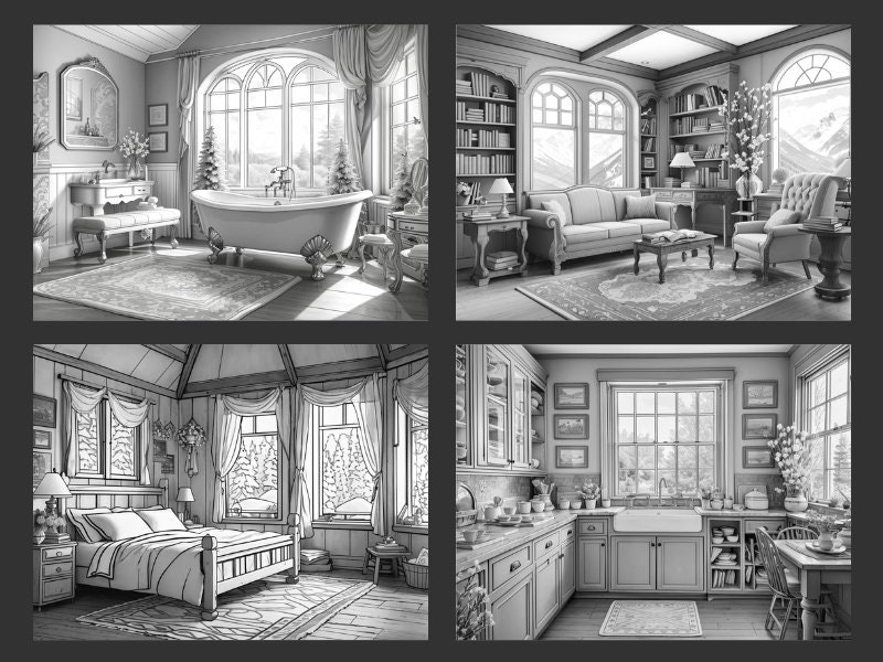 60 Cottage Interiors Coloring Pages Cozy House Interiors Coloring Book ...