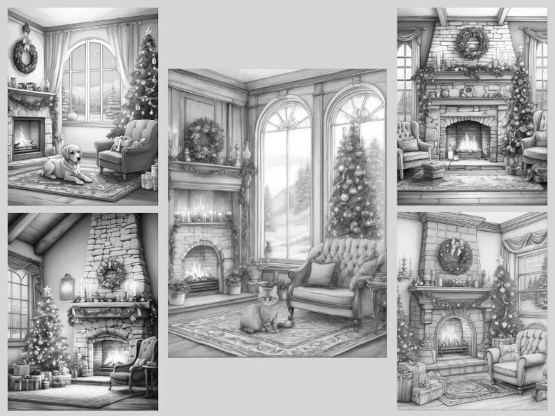 30 Christmas Cottage Interiors- Fantasy Christmas Rooms Coloring Book ...