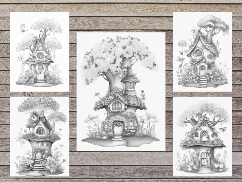 50 Fairy Houses Coloring Pages, Magical Fairy Houses, Grayscale Fairy ...