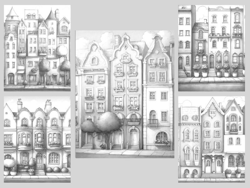 40 Cute Townhouse House Coloring Book Printable PDF Fantasy City House ...