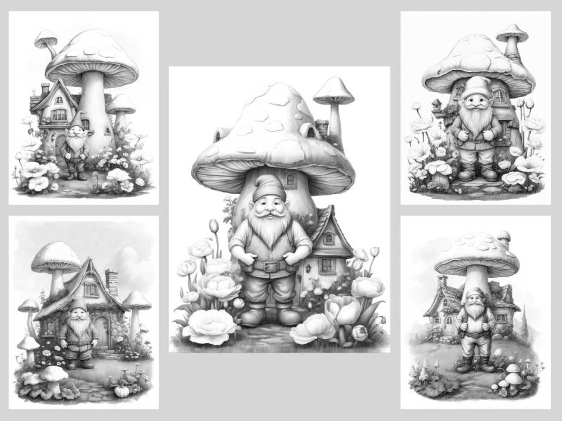 30 Gnome Coloring Pages, Garden Gnome Coloring Book, Grayscale ...