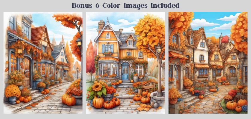 50 Autumn Villages Coloring Pages, Cozy Village Grayscale Coloring Book ...