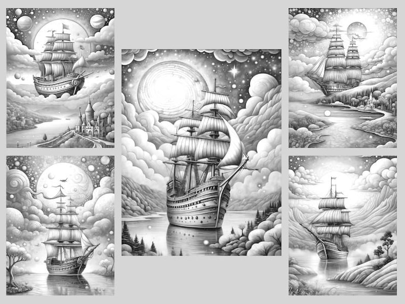 Fantasy Celestial Ships Coloring Book: Grayscale Dreamscapes (printable ...