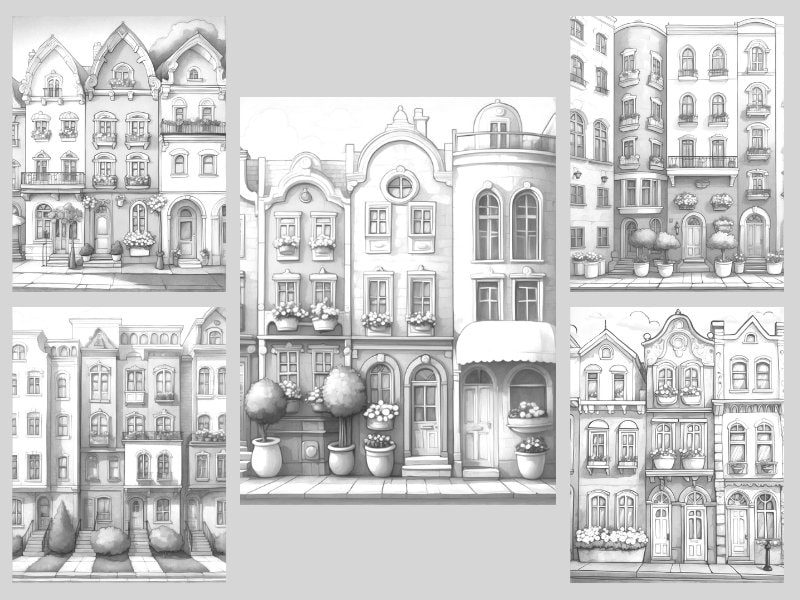 40 Cute Townhouse House Coloring Book Printable PDF Fantasy City House ...