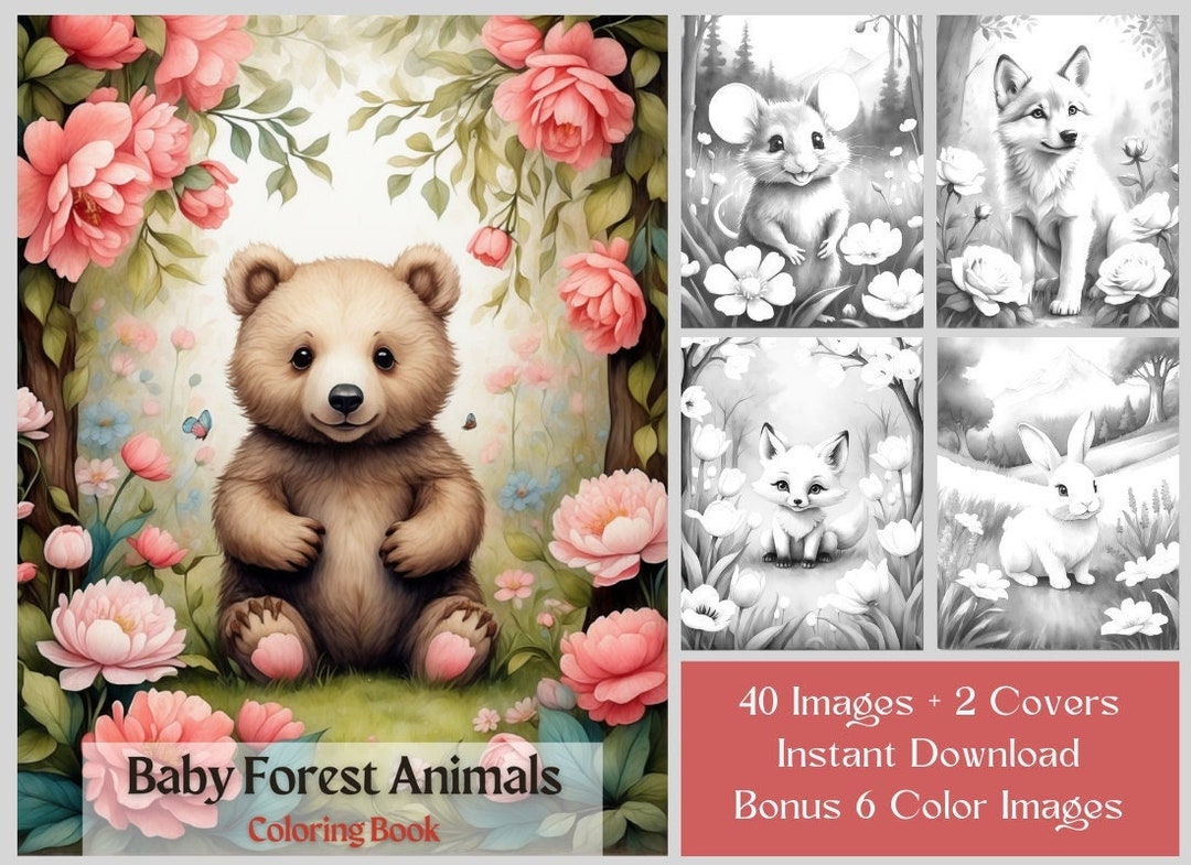 40 Baby Animal Coloring Pages - Adult and Kids Grayscale Coloring Book ...