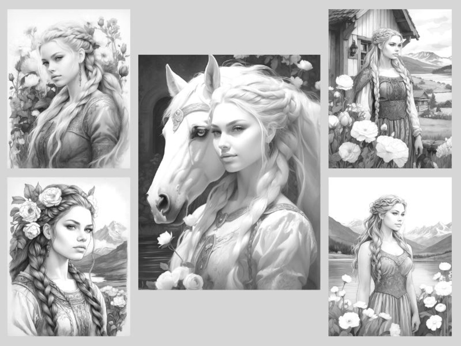 50 Viking Women Grayscale Coloring Book, Printable Adult Coloring Pages ...