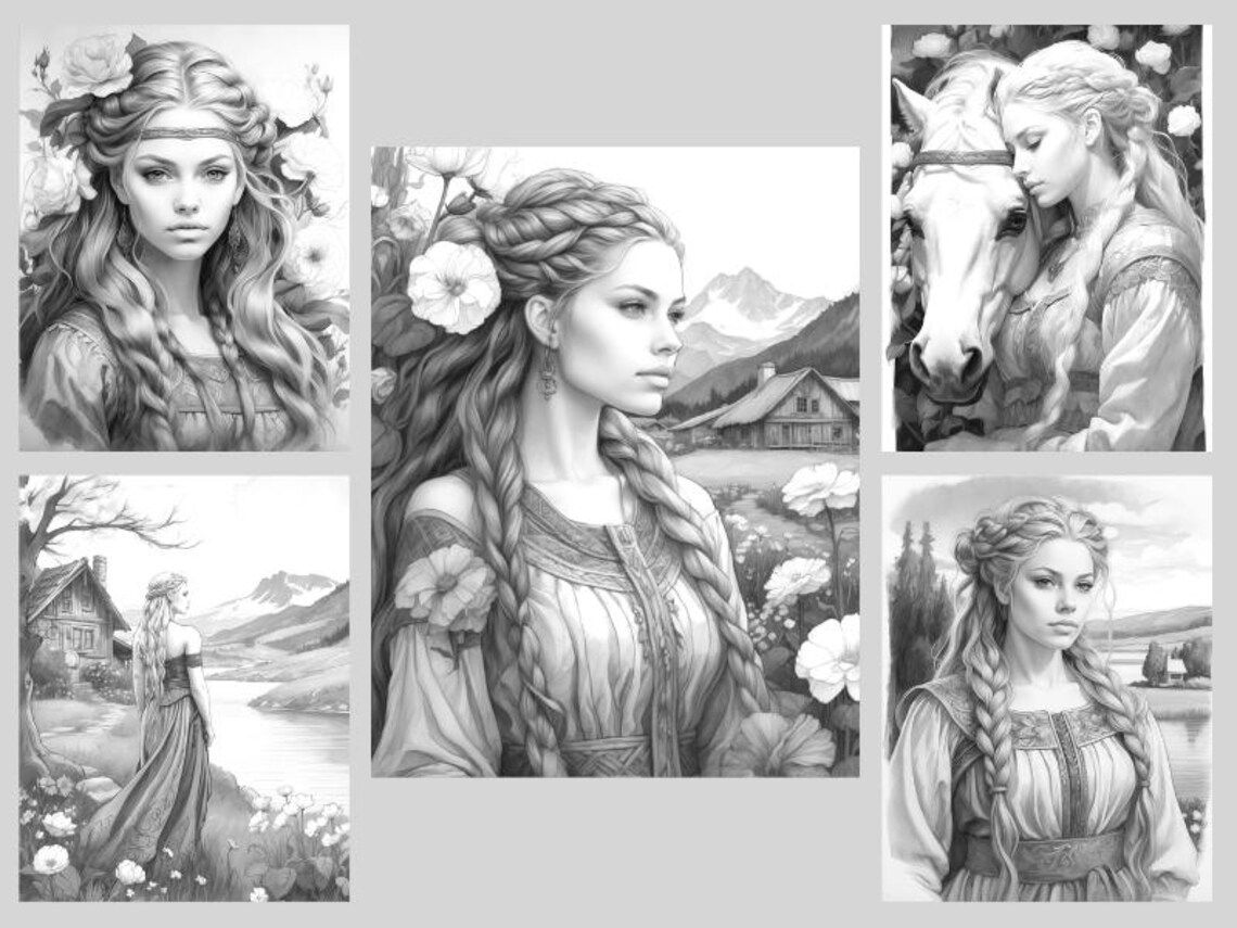 50 Viking Women Grayscale Coloring Book, Printable Adult Coloring Pages ...