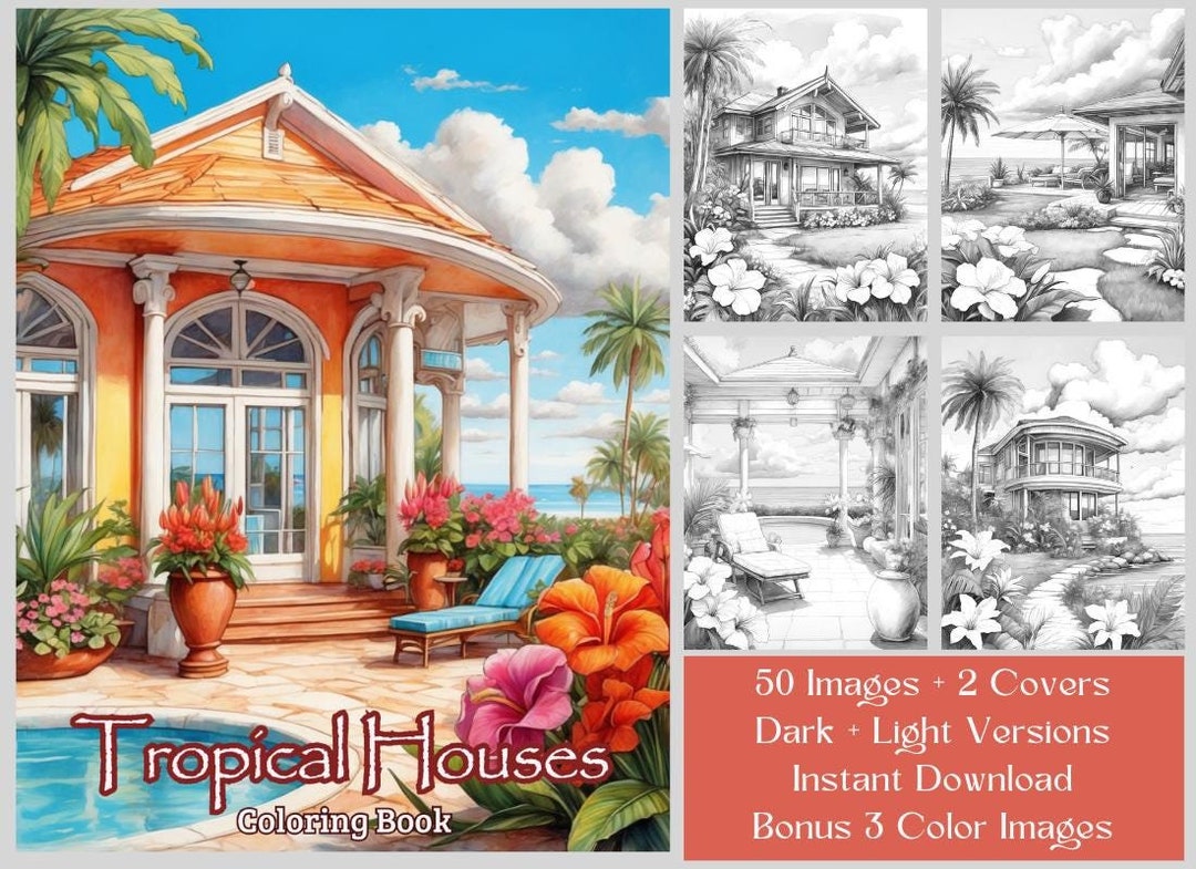 50 Tropical Houses Coloring Pages, Beach Houses Printable Grayscale ...