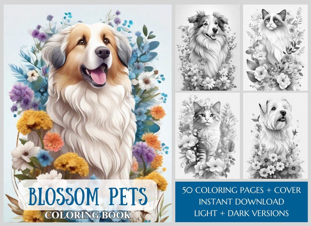 50 Cats and Dogs Coloring Book Adorable Dogs and Cats With Flowers ...