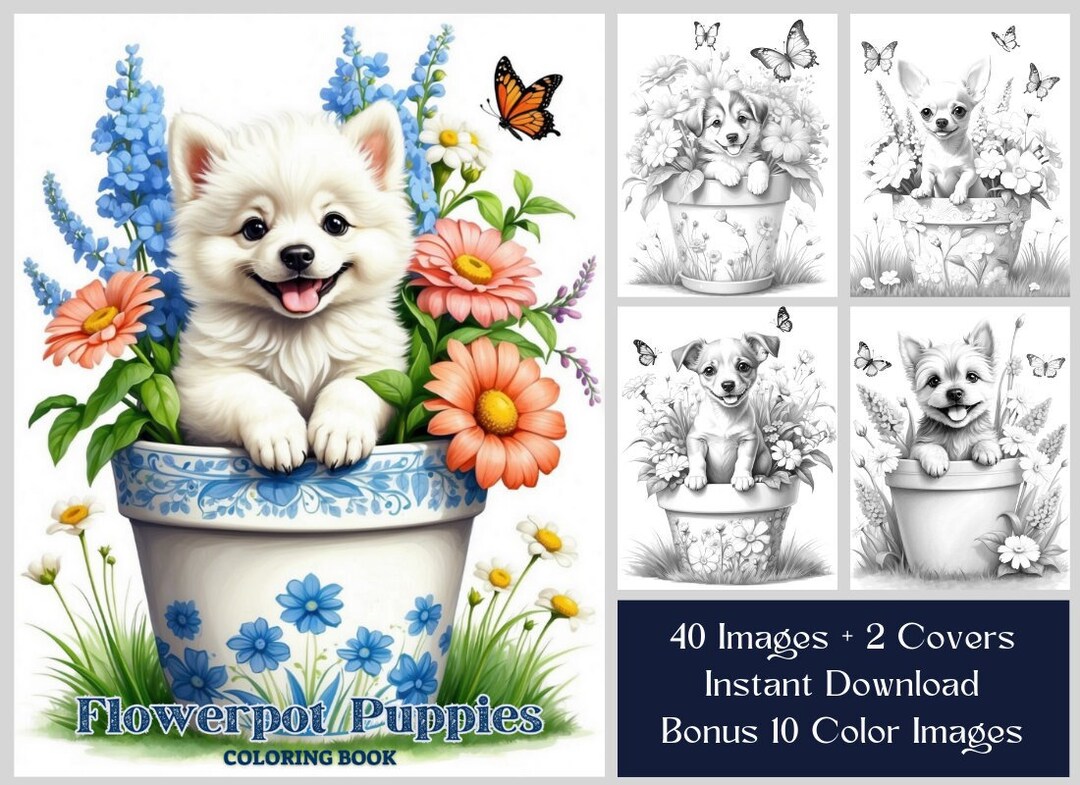 40 Dog Coloring Pages - Flowerpot Puppies Coloring Book - Printable PDF ...
