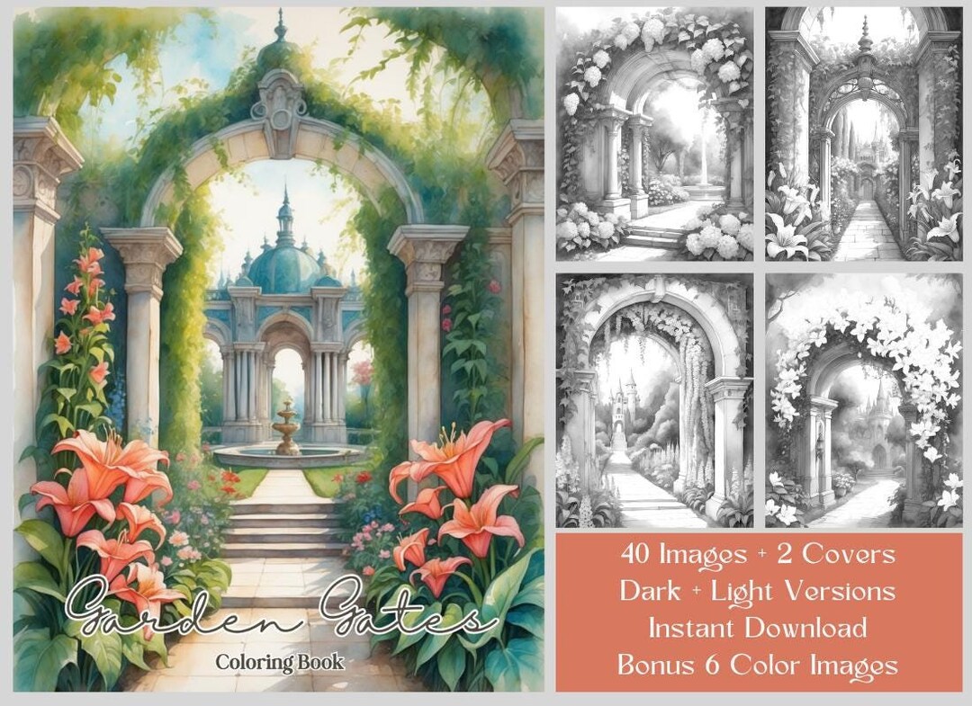40 Garden Gates Coloring Pages, Garden Coloring Book, Instant Download ...