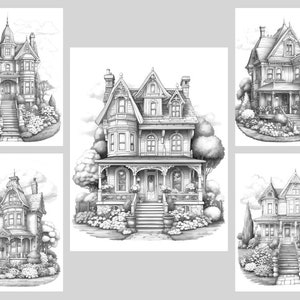 40 House Coloring Pages, Cute Victorian Manor Houses, Grayscale ...