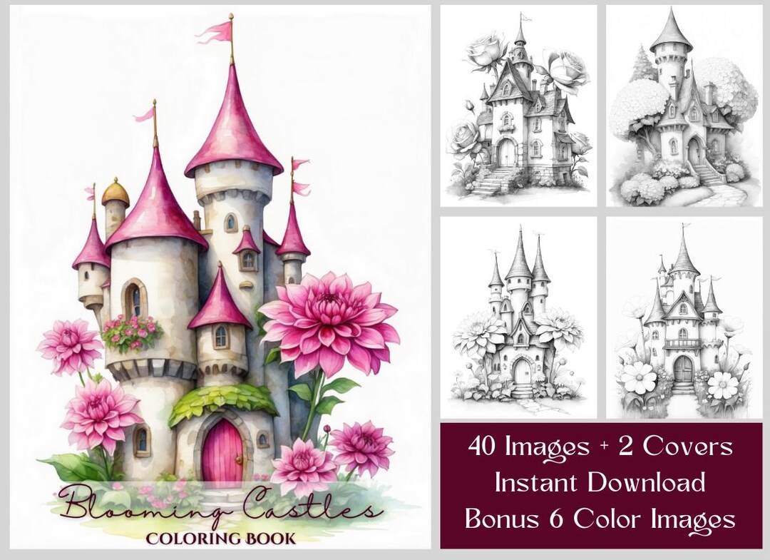 40 Castle Coloring Pages, Tiny Blooming Castles Coloring Book, Fantasy ...
